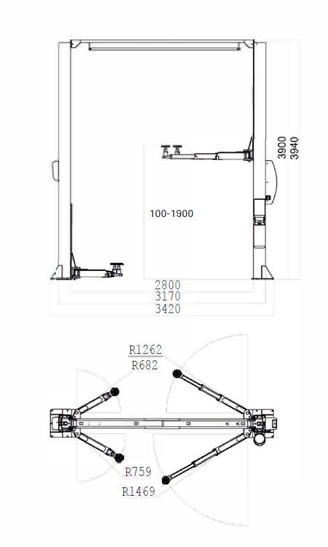 Megalift 4500XL Hydraulic Baseless Two post lift