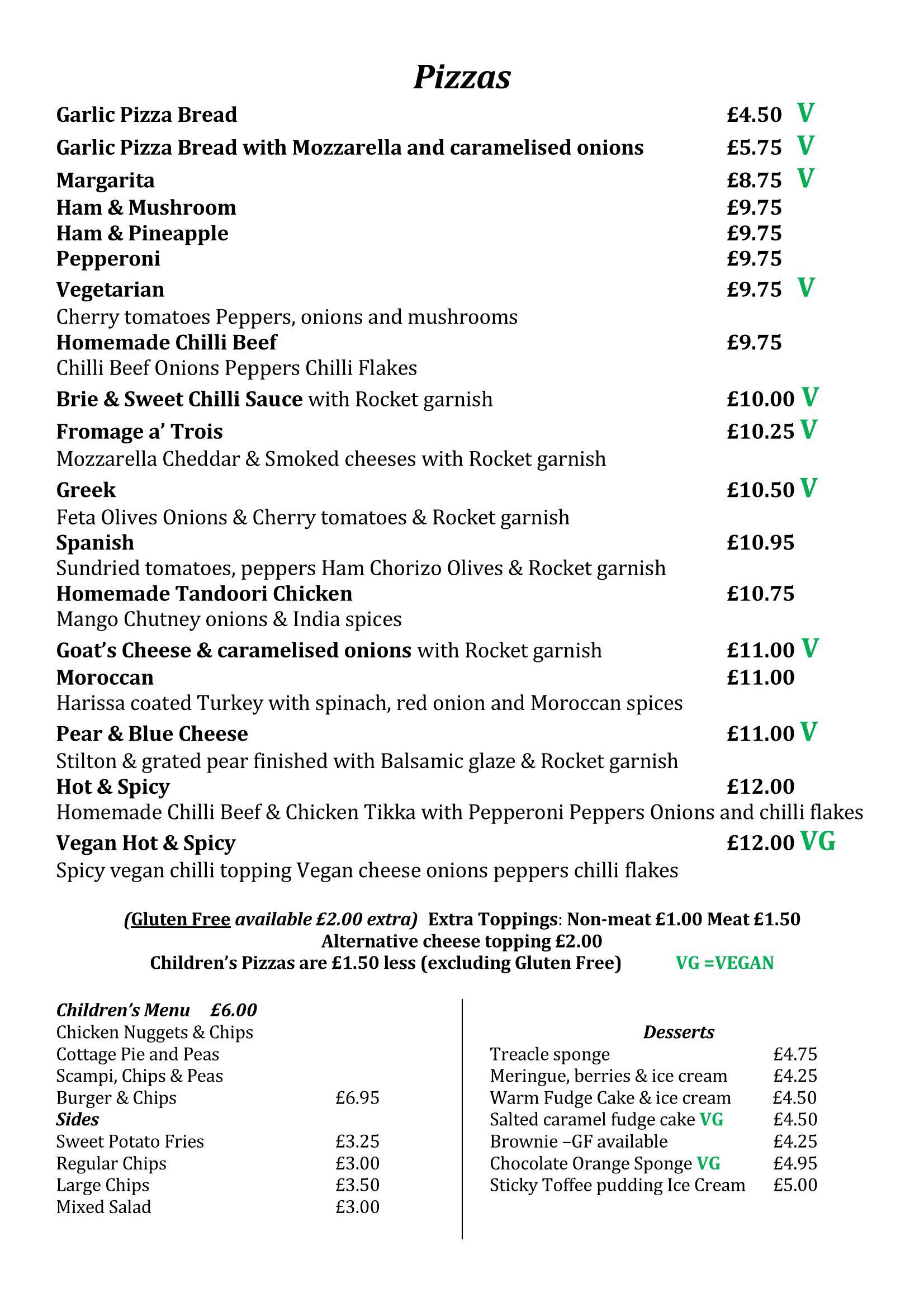 Restaurant Bar Pizza gluten Free Vegan British Evening Menu