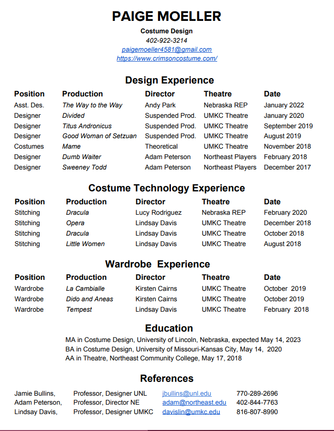 Resume/Transcript - CrimsonCostumes