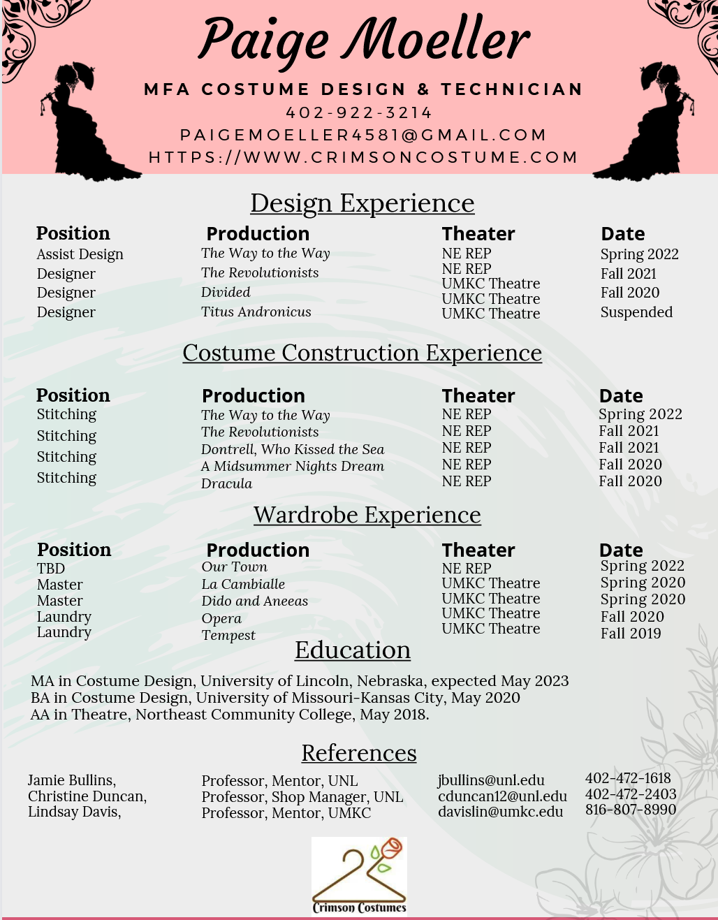 Resume/Transcript - CrimsonCostumes
