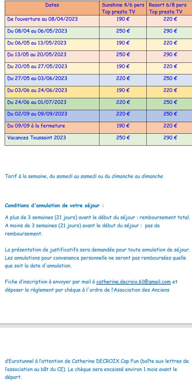 Tarifs Cap Fun - Les anciens d'EUROTUNNEL