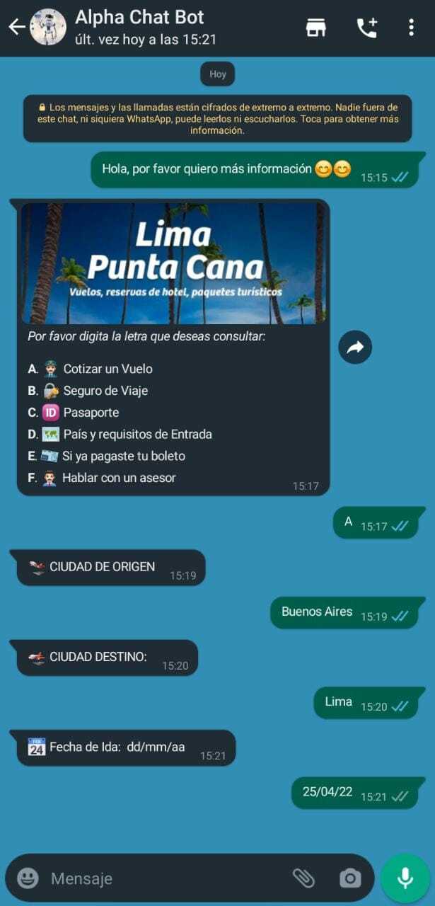 Chat Bot para erolineas o agencias de viajes