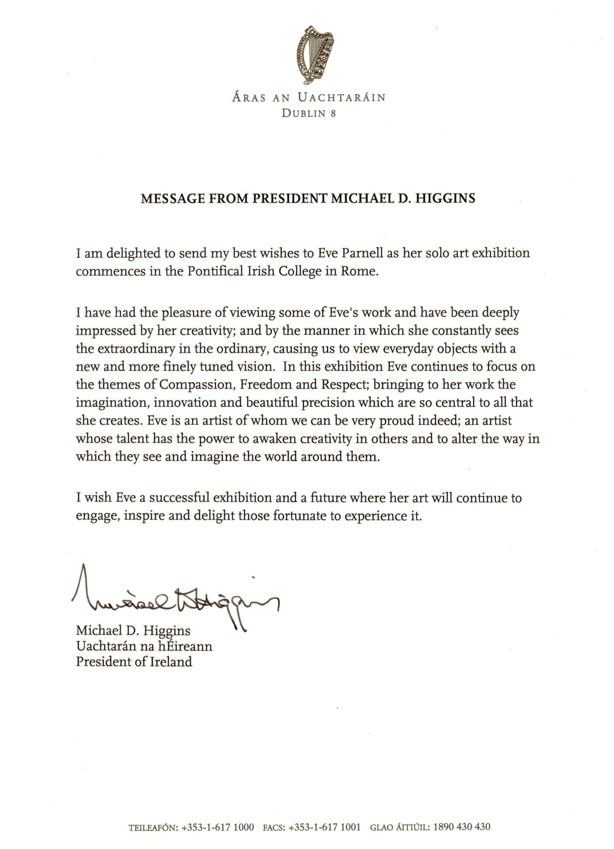 Letter From His Excellency The President Of Ireland Michael D